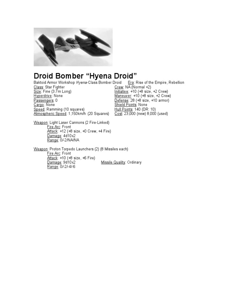 Baktoid Armor Workshop Hyena-Class Bomber Droid: A Formidable and ...