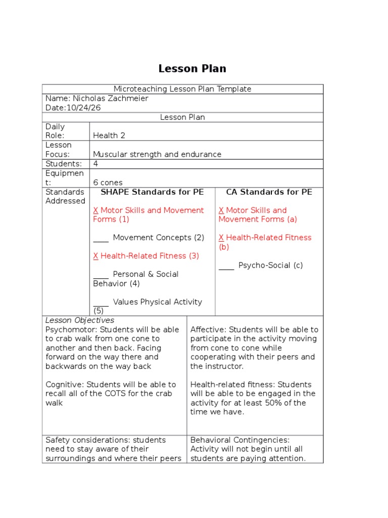 Health Lesson Plan: Crab Walking Skills | PDF | Lesson Plan | Physical ...