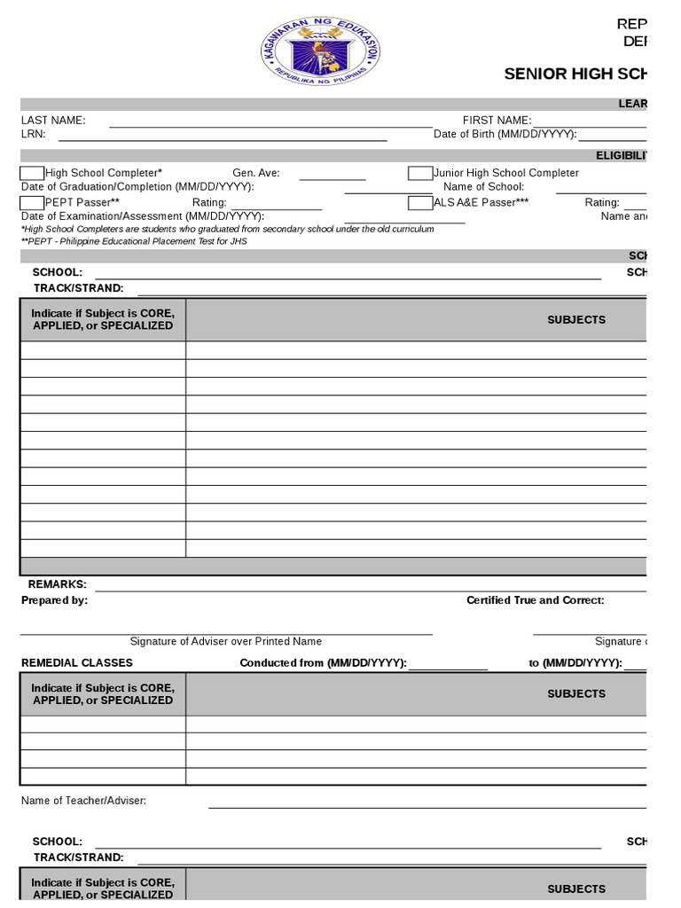 Form 137-SHS 2016.xlsx | Secondary School | Quality Of Life