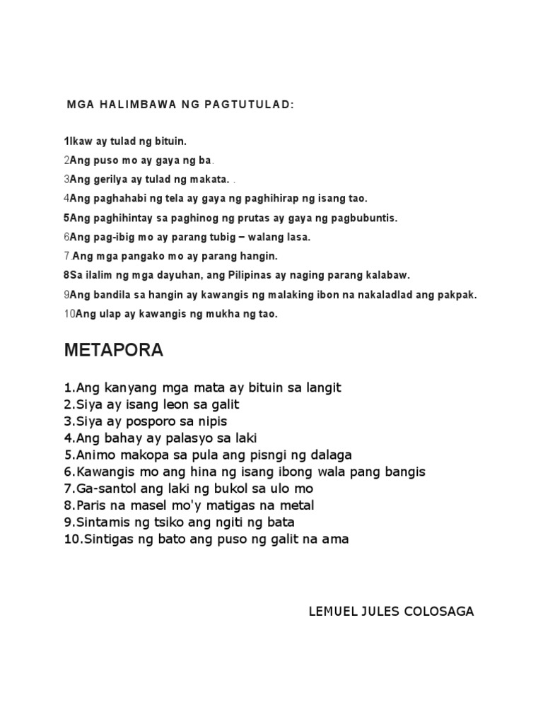 Mga Halimbawa NG Pagtutulad | PDF