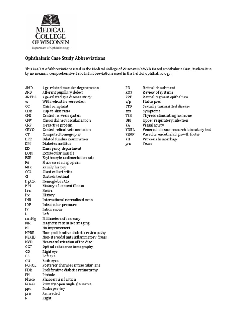 Ophthalmic Case Study Abbreviations | PDF