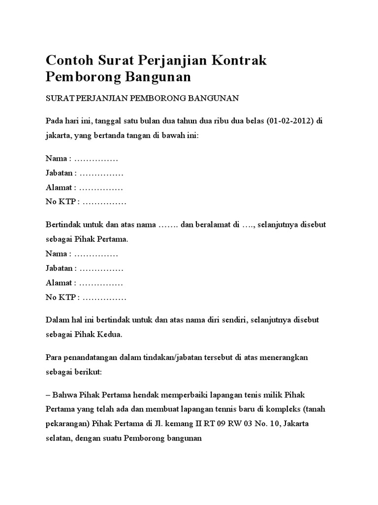 Contoh Surat Perjanjian Kontrak Pemborong | PDF