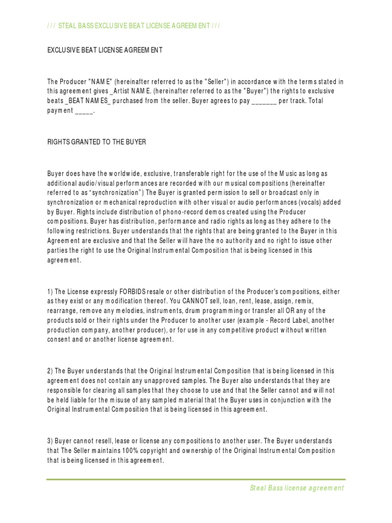 Exclusive Beat License Agreement Template | PDF | Royalty Payment ...