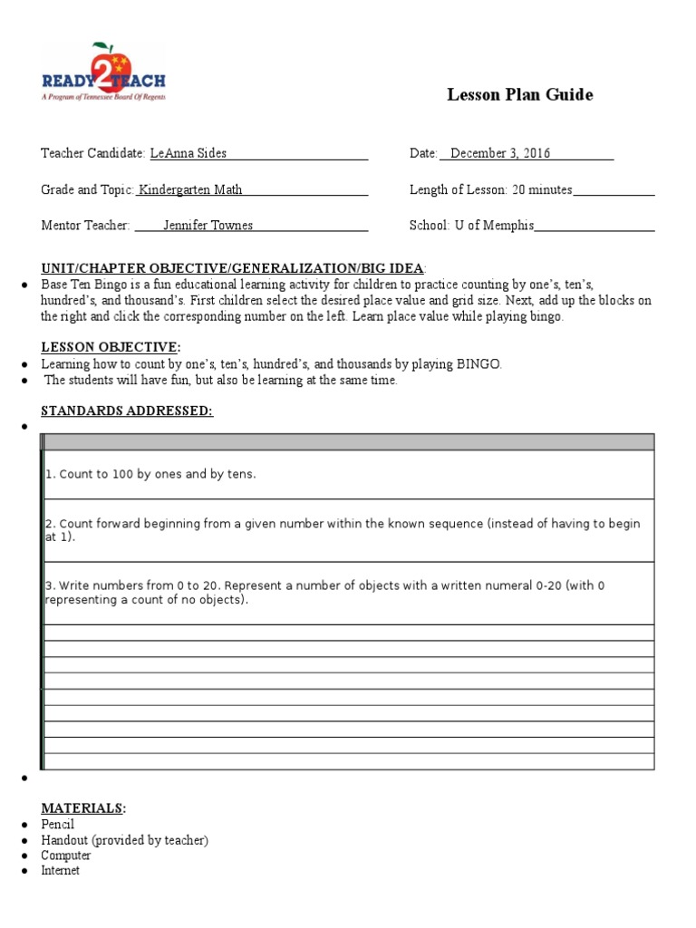 Lesson Plan Guide: Unit/Chapter Objective/Generalization/Big Idea | PDF ...