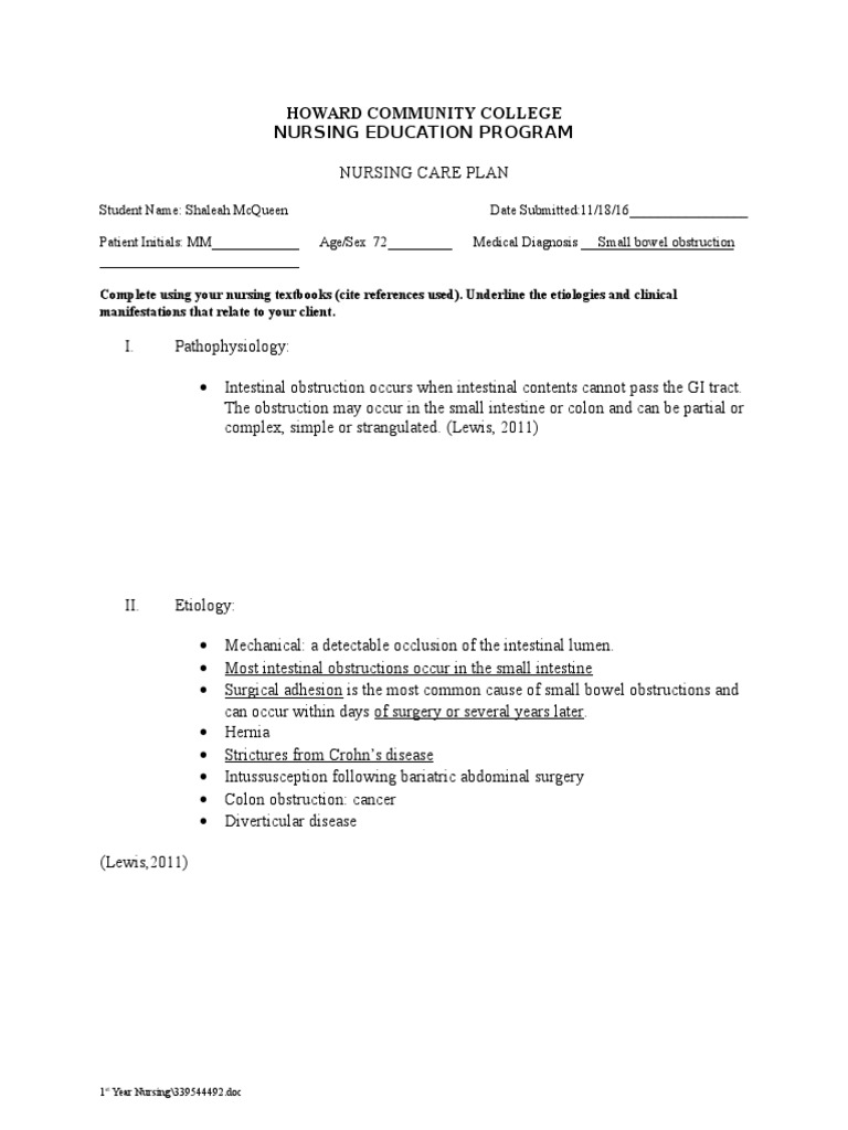 Care Plan Small Bowel Obstruction | Nausea | Gastroenterology