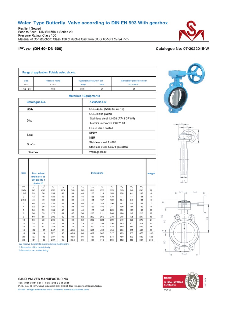 Wafer Type Butterfly Valve According To DIN EN 593 With Gearbox | PDF