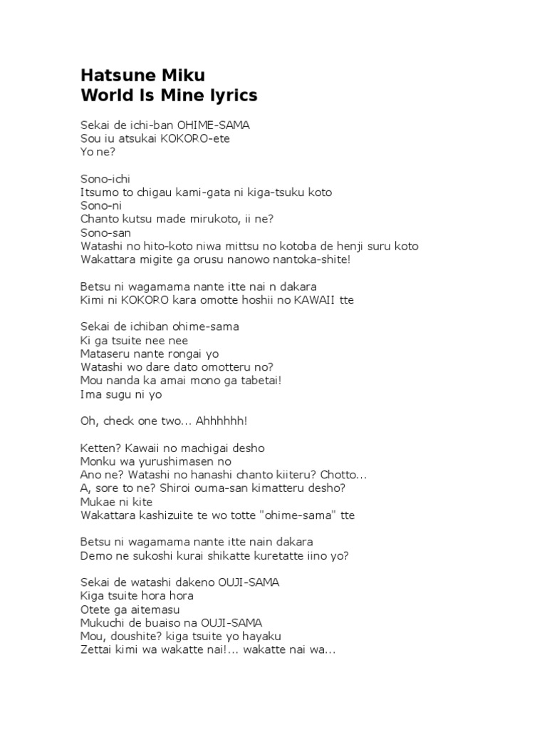 "World Is Mine" Lyrics by Hatsune Miku | PDF