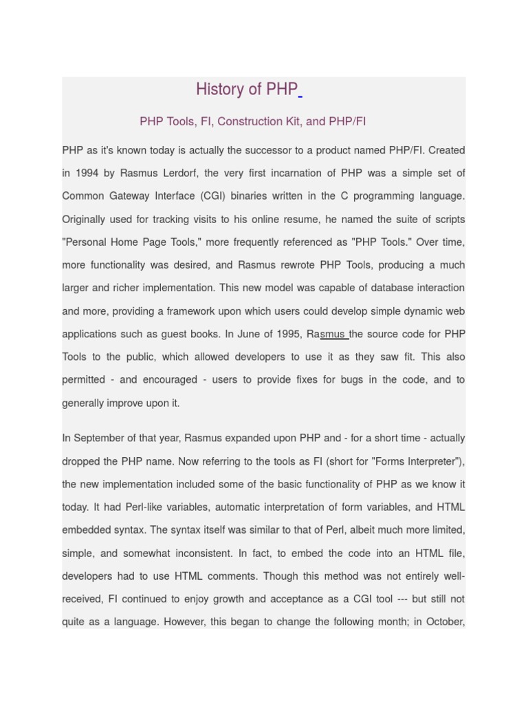 History of PHP: PHP Tools, FI, Construction Kit, and PHP/FI | PDF | Php | Software Engineering