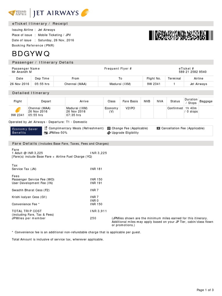 Jet Airways Mobile Booking ETicket (BDGYWQ) - M | PDF | Identity ...