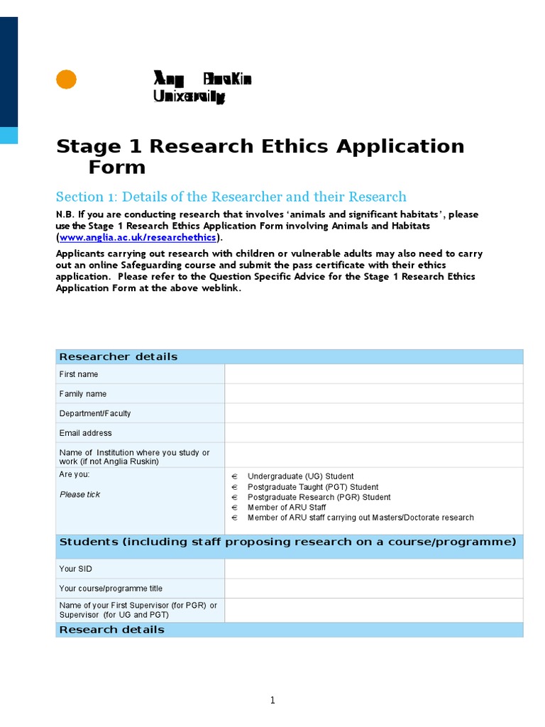 Stage 1 Research Ethics Application Form 2016 Copy | Risk | Computer ...