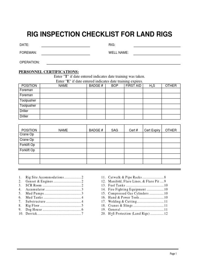 Checklist (for Any Land Rig) | Pipe (Fluid Conveyance) | Electrical ...