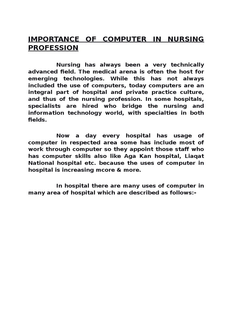 Importance of Computer in Nursing Profession | PDF | Hospital | Nursing