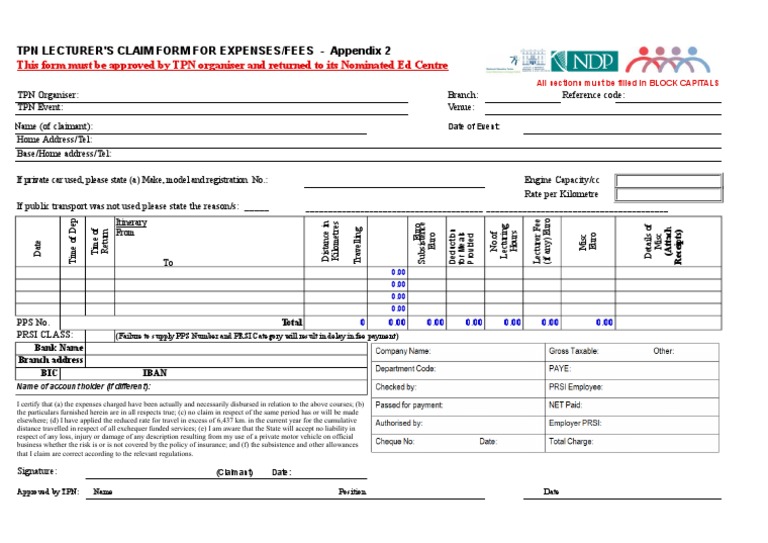 TPN Lecturer Expense Claim Form | PDF