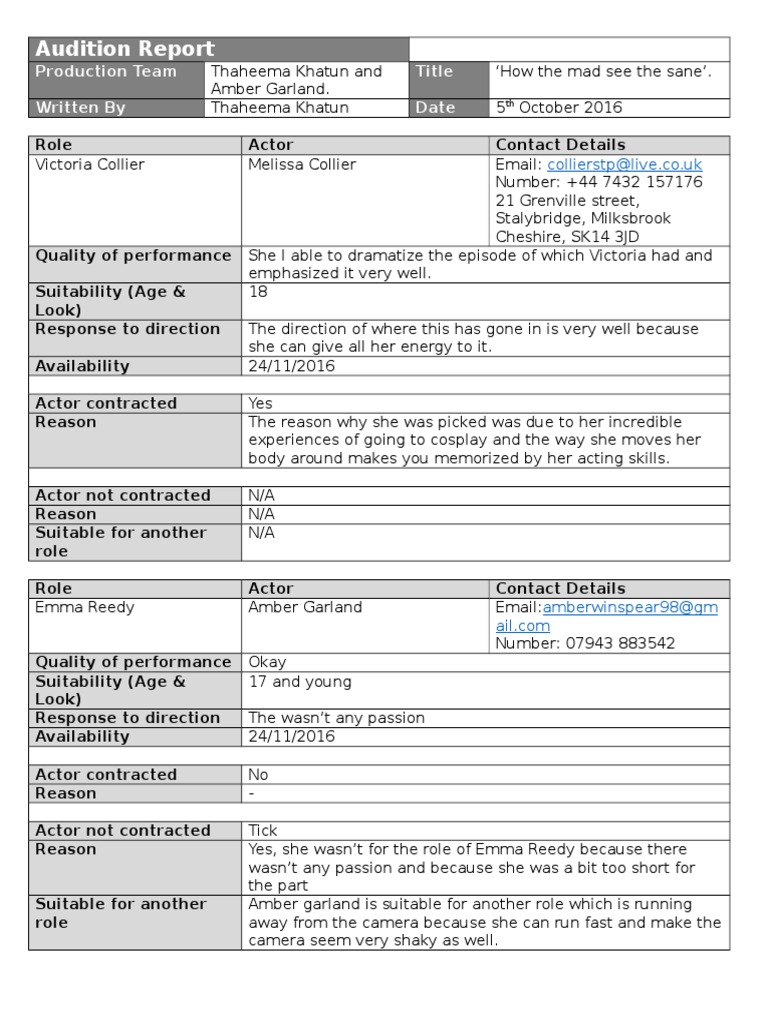 Audition Report | PDF