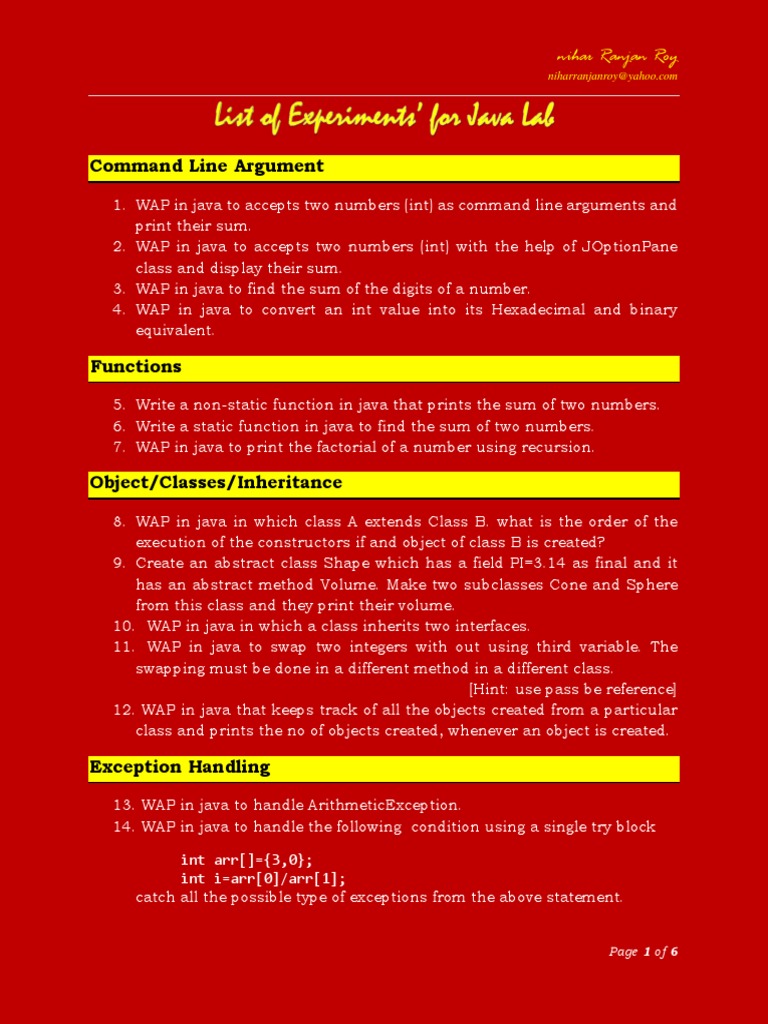 List Of Experiments For Java Lab Pdf Java Programming Language String Computer Science