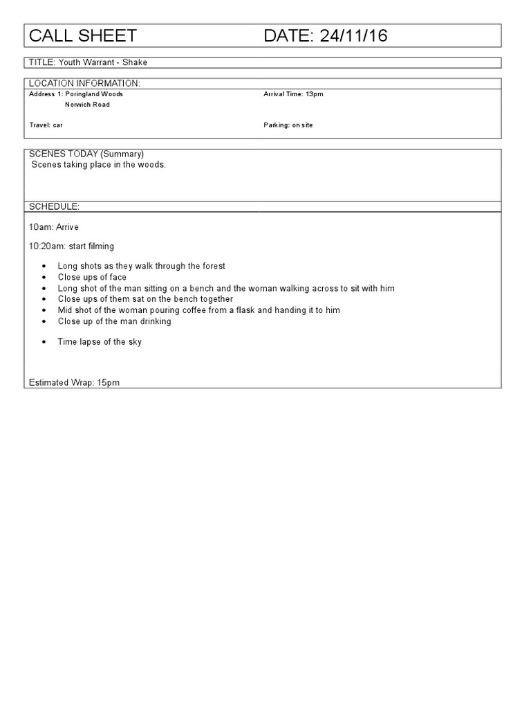 Youth Warrant Filming Call Sheet | PDF