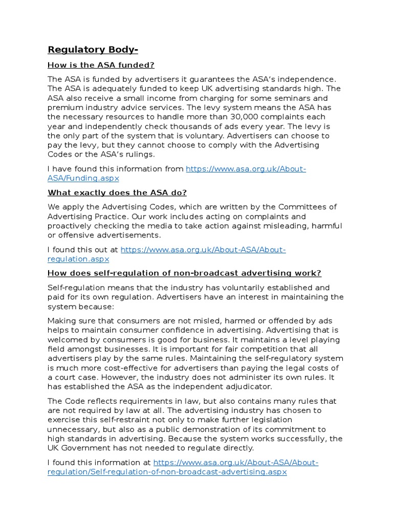 Regulatory Body-: How Is The ASA Funded? | PDF | Advertising ...