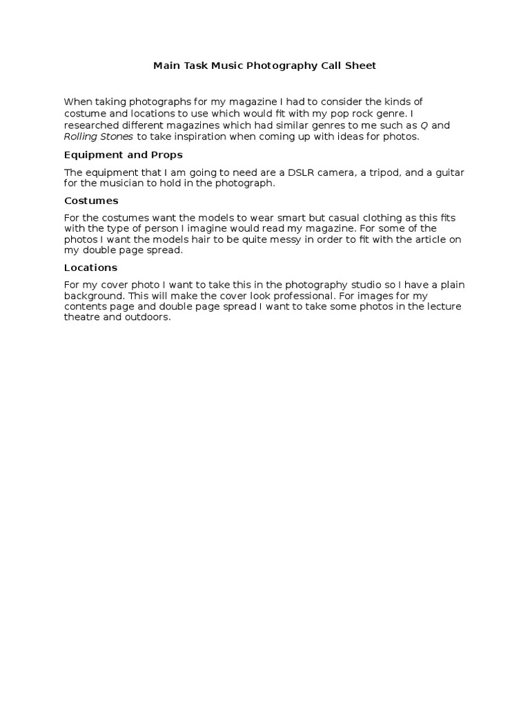 Main Task Music Photography Call Sheet | PDF | Tripod (Photography ...