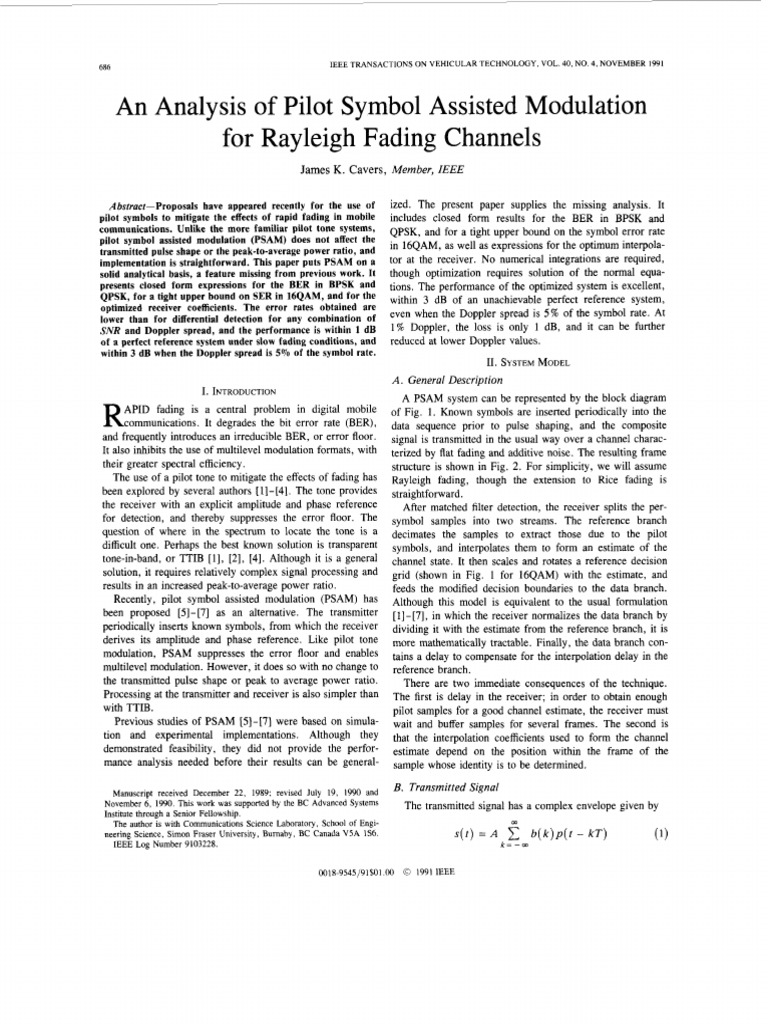 An Analysis of Pilot Symbol Assisted Modulation Rayleigh Fading Channels | PDF | Sampling ...