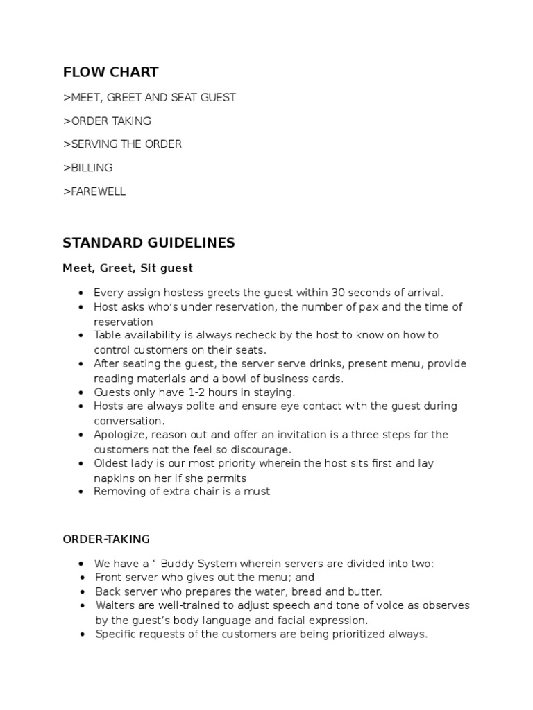 Restaurant Service Flow Guidelines | PDF | Waiting Staff | Food And Drink