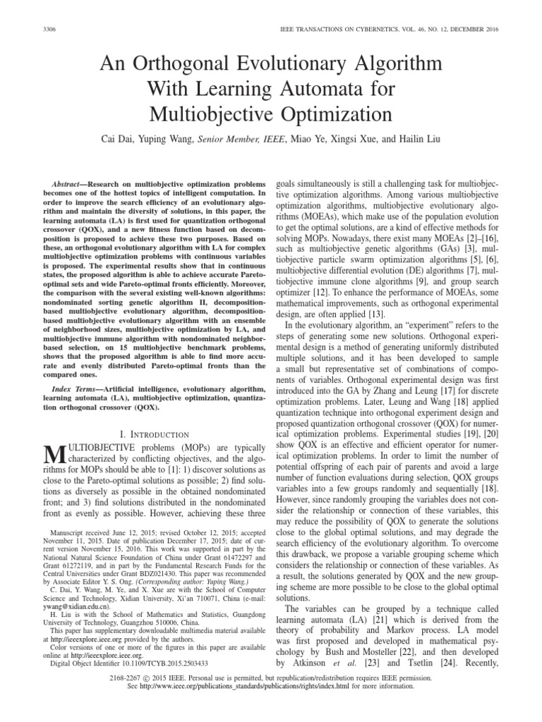 An Orthogonal Evolutionary Algorithm With Learning Automata For Multiobjective Optimization ...