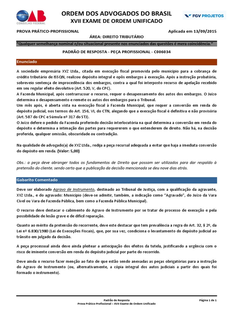 FGV 2015 Oab Exame de Ordem Unificado Xvii Segunda Fase Direito ...