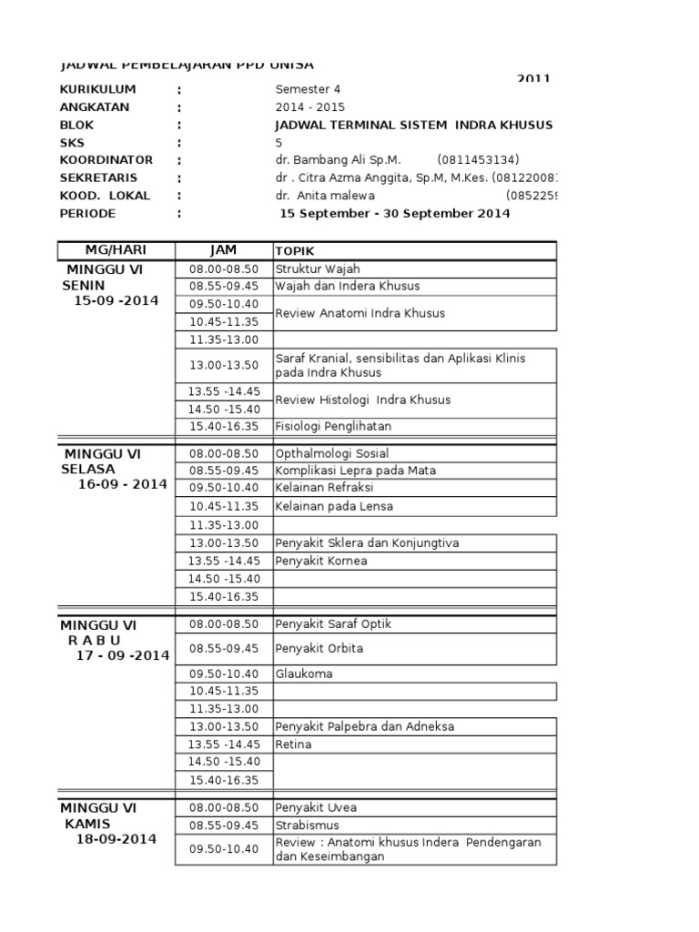 Jadwal Pembelajaran PPD Unisa Kulit dan Indra Khusus | PDF