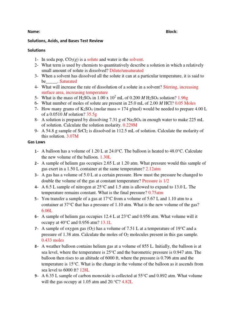 Solutions Acids and Bases Test Review Answers | PDF | Acid | Hydroxide