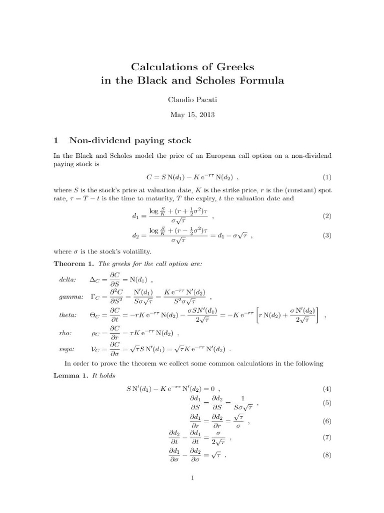 Calculations of Greeks in The Black and Scholes Formula | PDF | Greeks ...