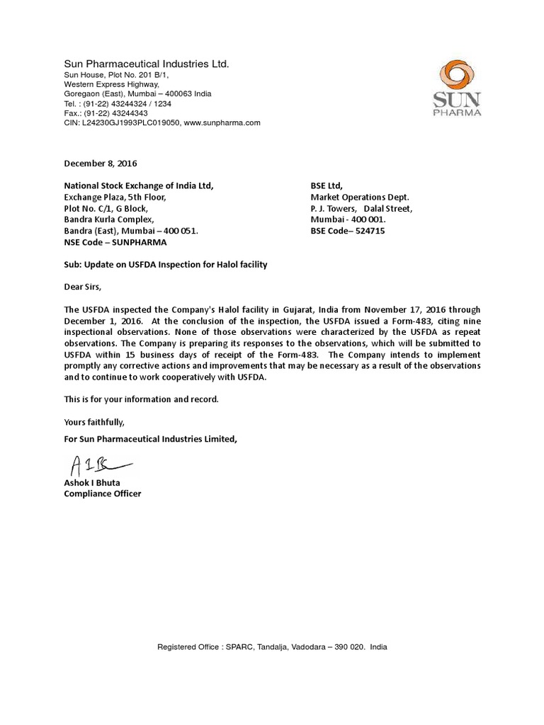 Sun Pharma Letter To NSE Re: Halol Plant | PDF