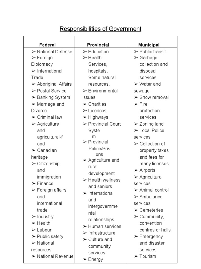 Responsibilities of Government: Federal Provincial Municipal | PDF