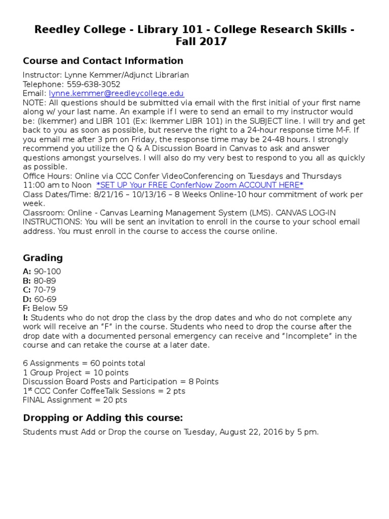 Reedley College - Library 101 - College Research Skills - Fall 2017 ...