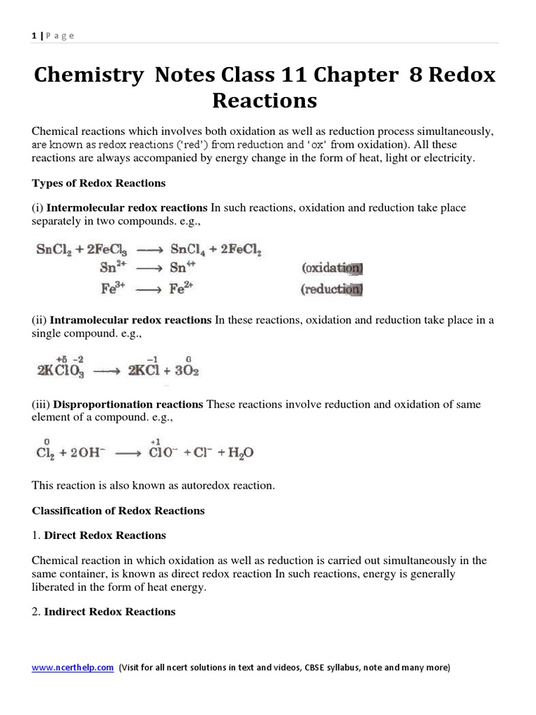 Chemistry Notes Class 11 Chapter 8 Redox Reactions | PDF | Redox ...