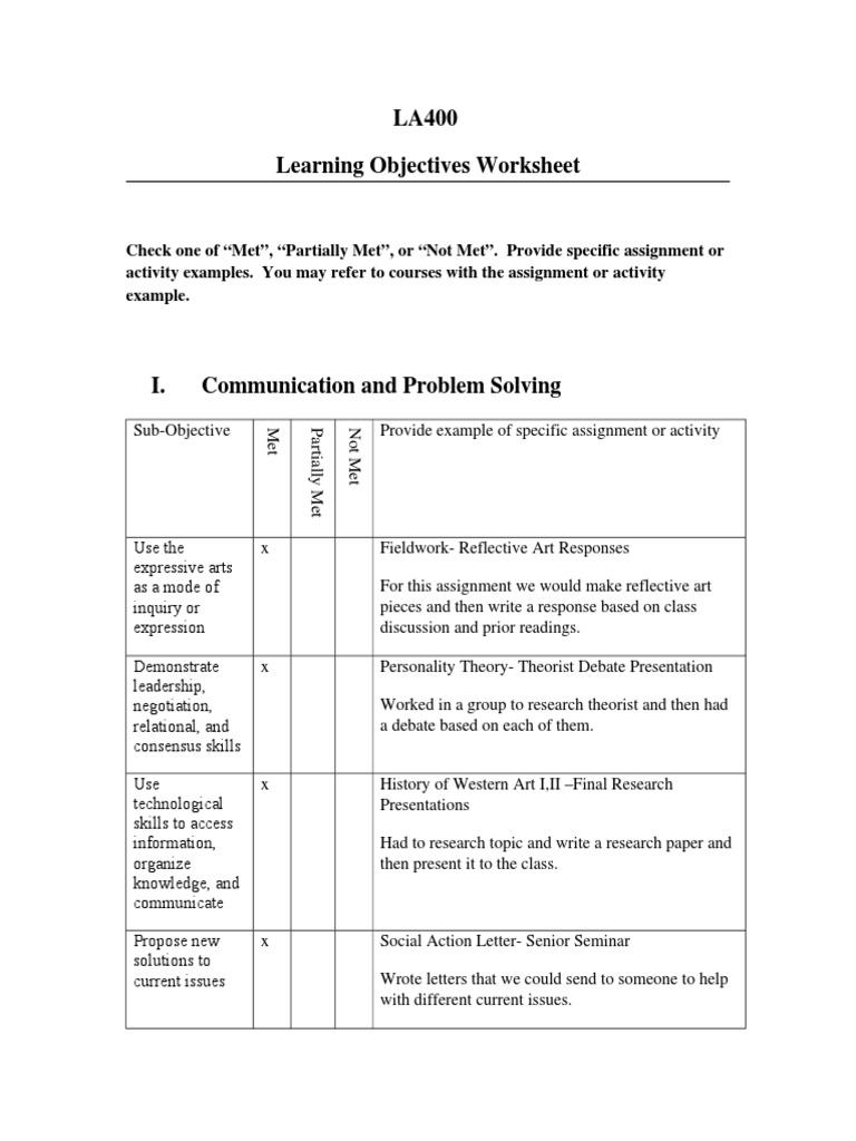 Learning Objectives Worksheet | PDF | Evaluation | Knowledge