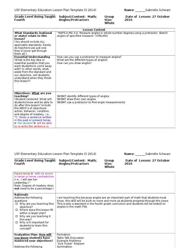 USF Elementary Education Lesson Plan Template (S 2014) | PDF | Career ...