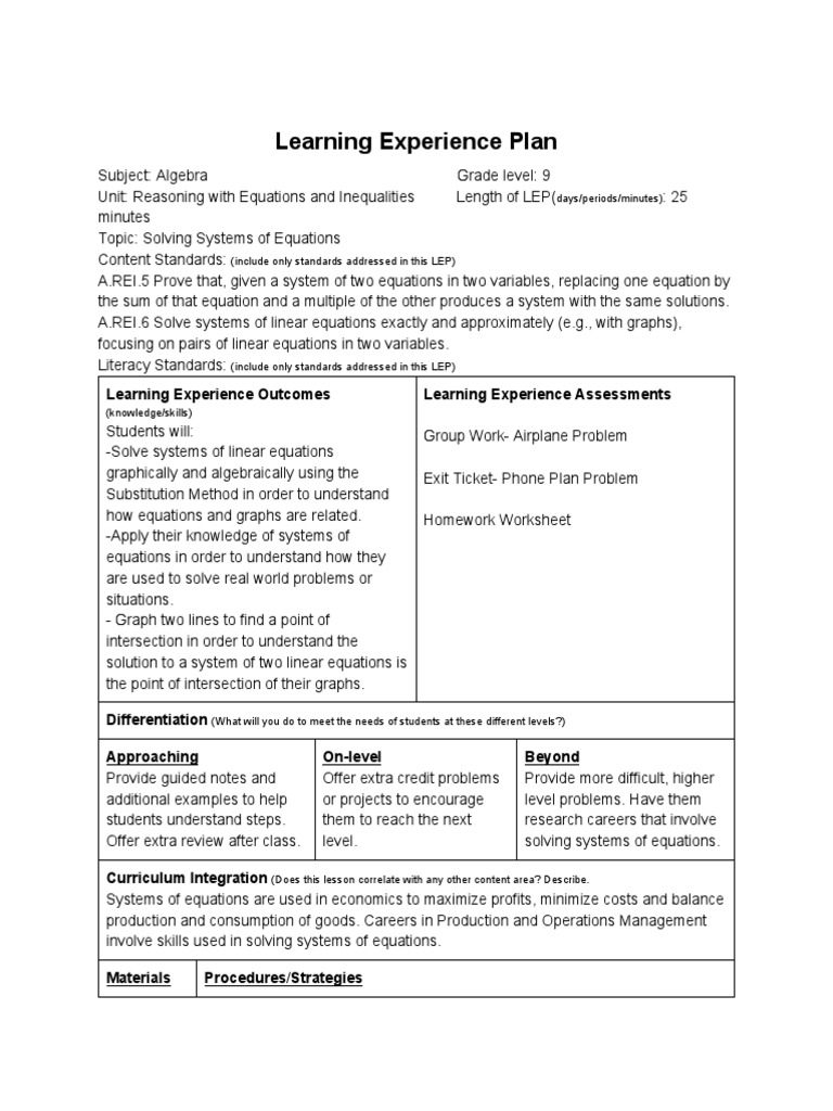 Lessonplans 2 | PDF | System Of Linear Equations | Equations