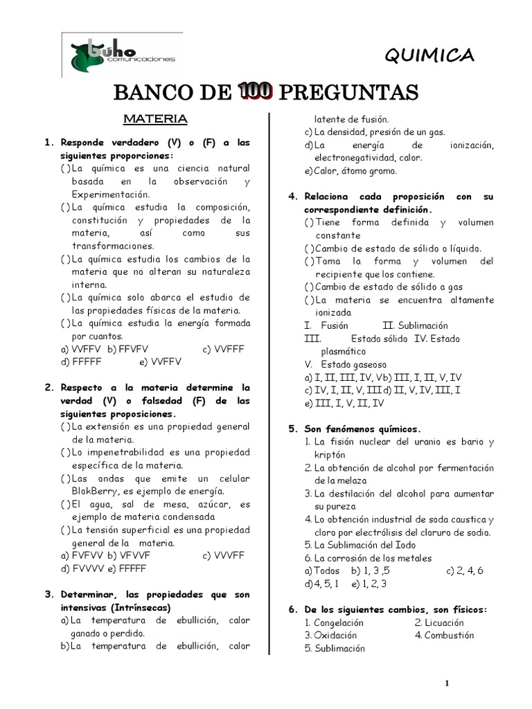 Banco de Preguntas de Quimica Corregido 5to Ano PDF | PDF | Enlace químico | Tabla periódica