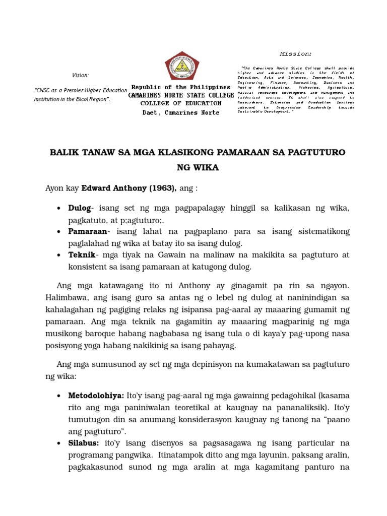 Balik Tanaw Sa Mga Klasikong Pamaraan Sa Pagtuturo NG Wika 2 | PDF