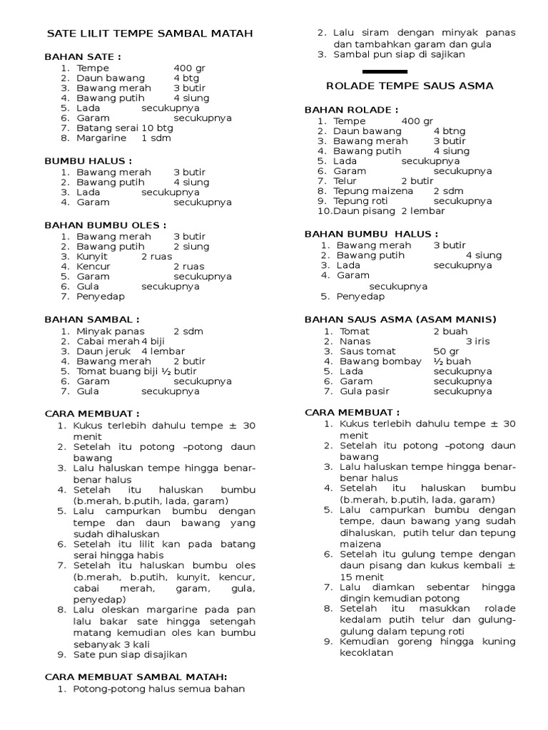 Resep Sate Lilit Dan Rolade Tempe | PDF