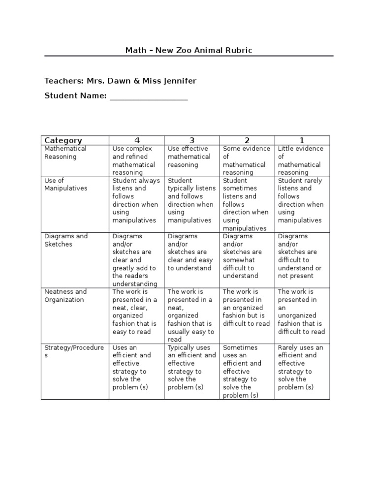 Math Rubric for Zoo Animal Project | PDF