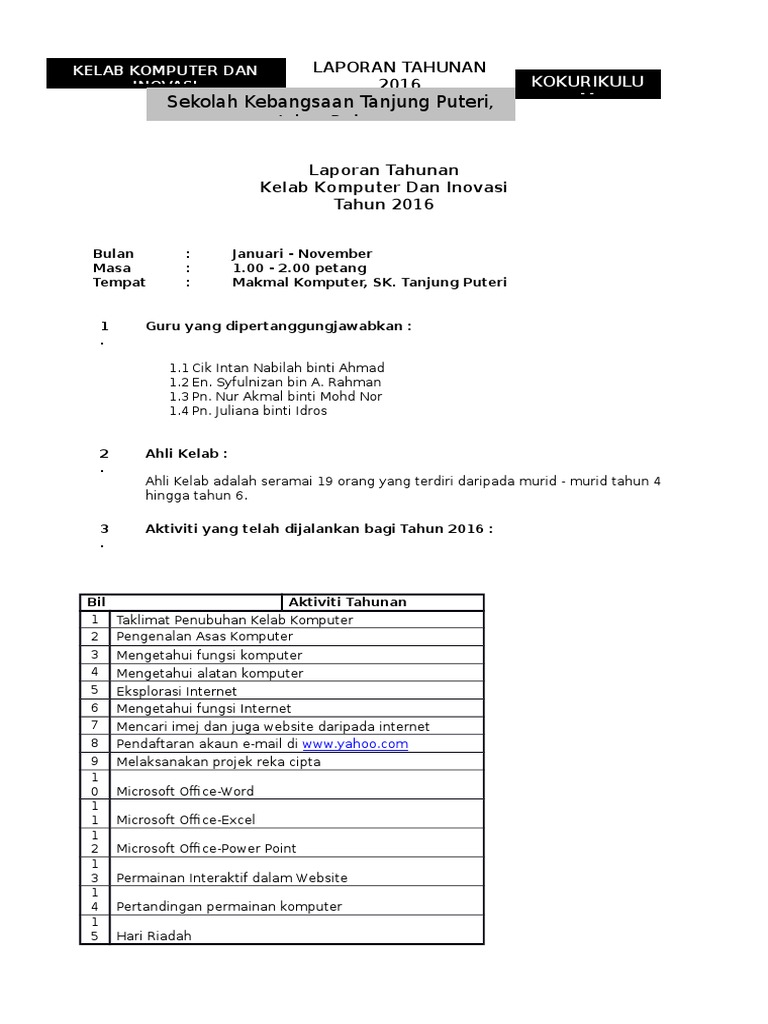Laporan Aktiviti Tahunan Kelab Komputer