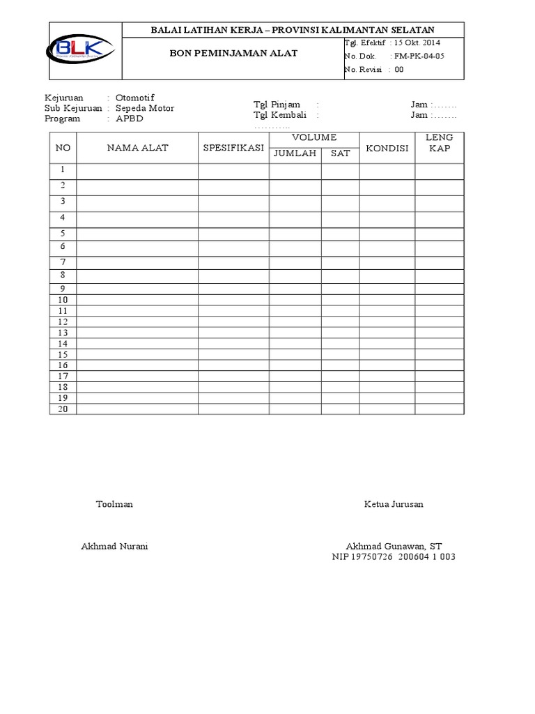 Bon Peminjaman Alat-MTU | PDF