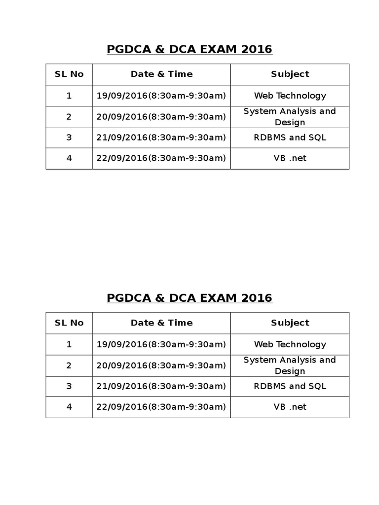Pgdca & Dca Exam 2016: SL No Date & Time Subject | PDF