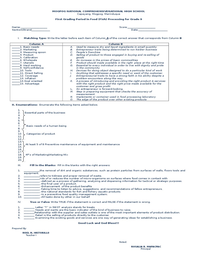 First Grading Period in Food (Fish) Processing For Grade 9B | PDF | Entrepreneurship | Profit ...