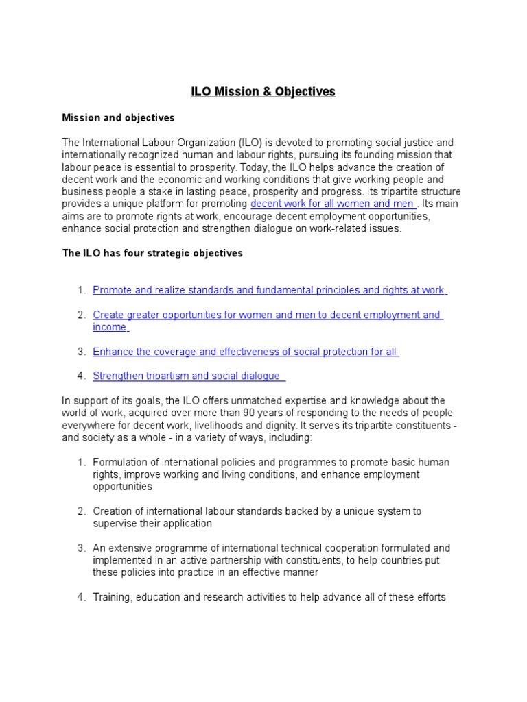 ILO Mission & Objectives | PDF | International Labour Organization ...