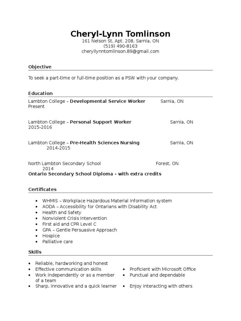 PSW Resume: Cheryl-Lynn Tomlinson | PDF | Career & Growth