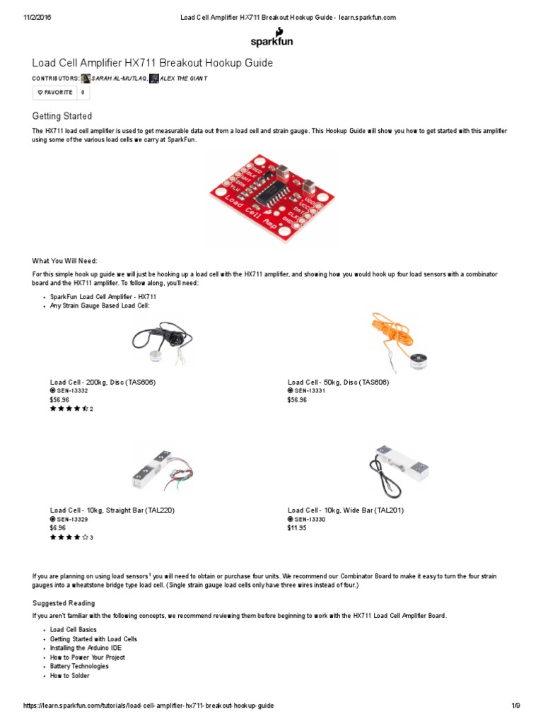 Load Cell Amplifier HX711 Breakout Hookup Guide - Learn - Sparkfun | PDF | Weighing Scale | Arduino