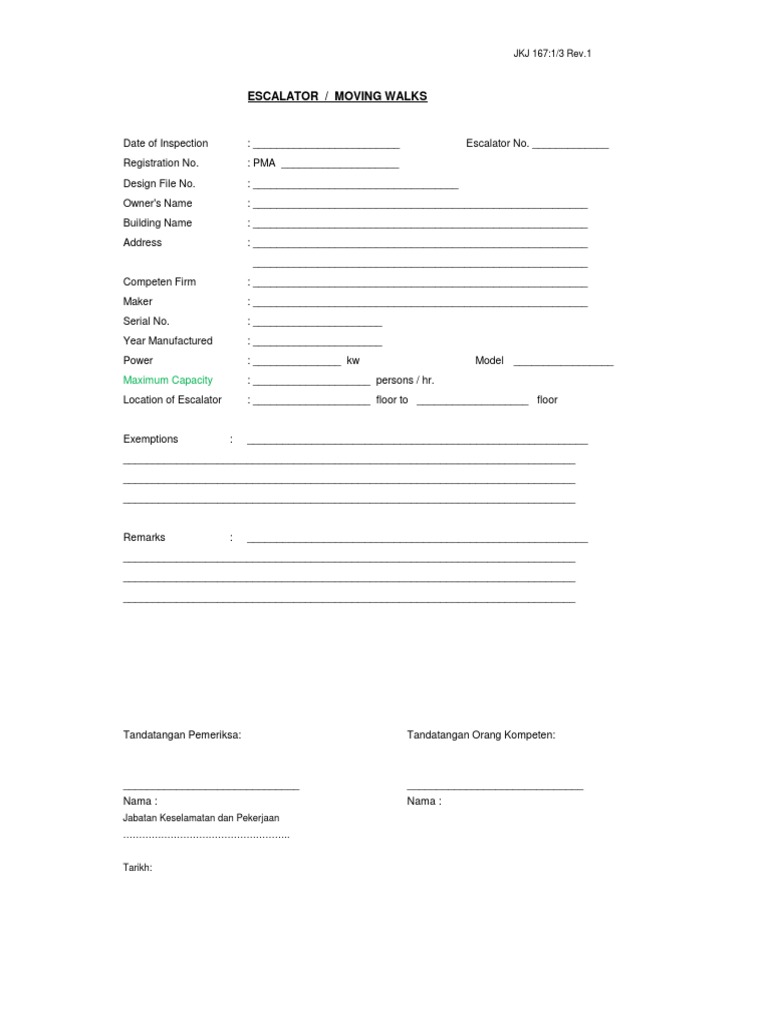 JKJ 167 Checklist of Initial Inspection For Escalator | PDF | Escalator ...