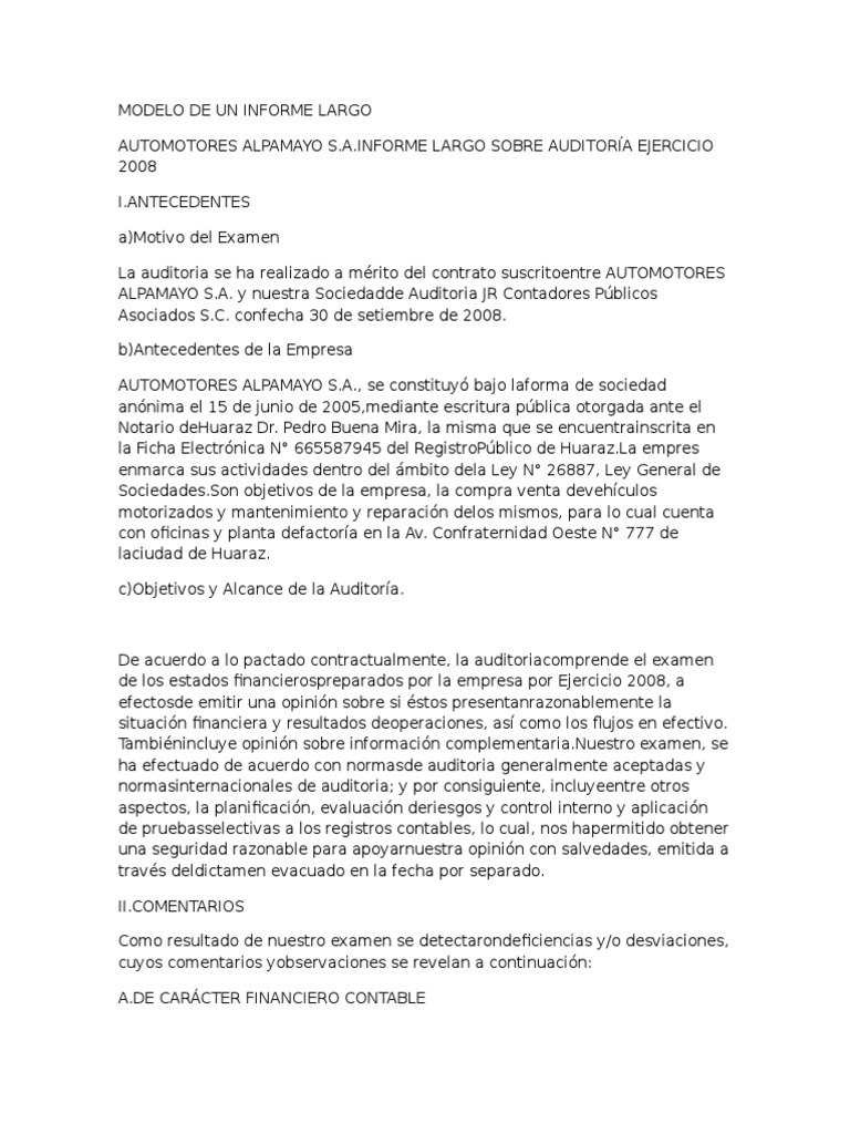 Modelo de Un Informe Largo | PDF | Contabilidad | Auditoría financiera