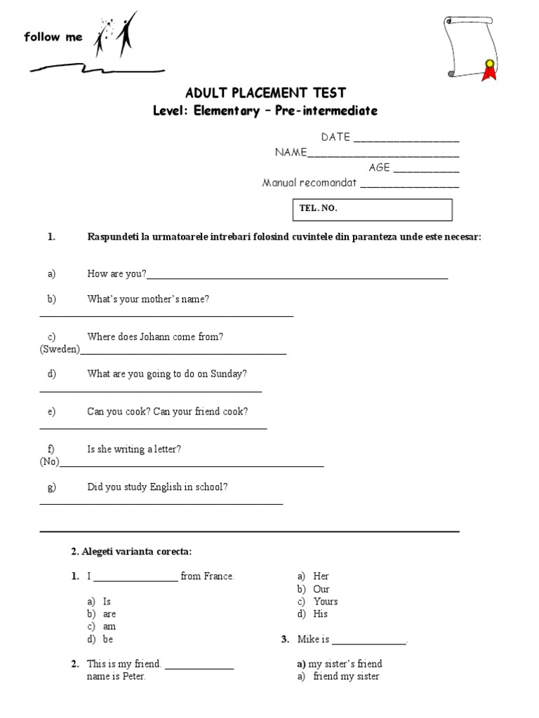Adult Placement Test Level: Elementary - Pre-Intermediate | PDF | Leisure